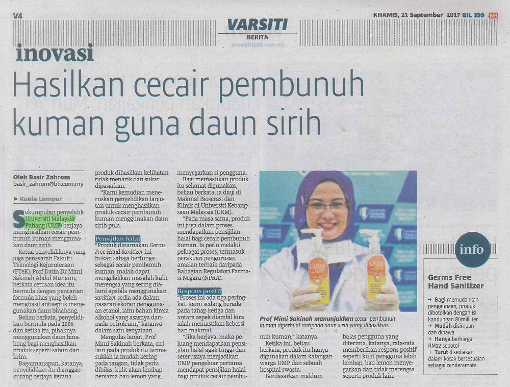 Hasilkan cecair pembunuh kuman guna daun sirihUMPSA News