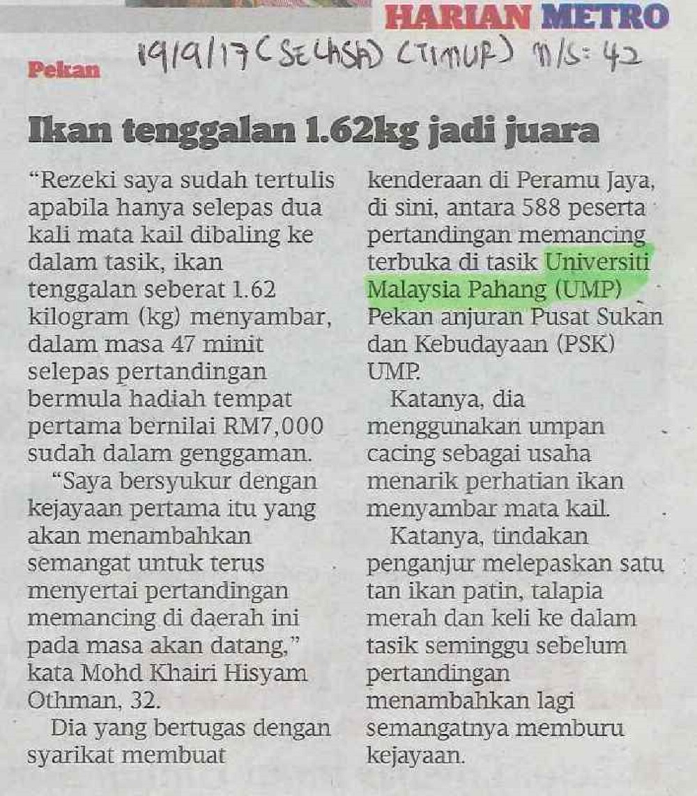 Ikan tenggalan 1.62kg jadi juaraUMPSA News